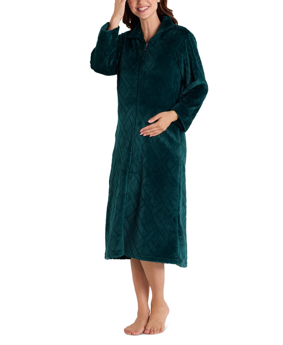 Miss Elaine Petite Zip-front French Fleece Robe In Deep Emerald | ModeSens