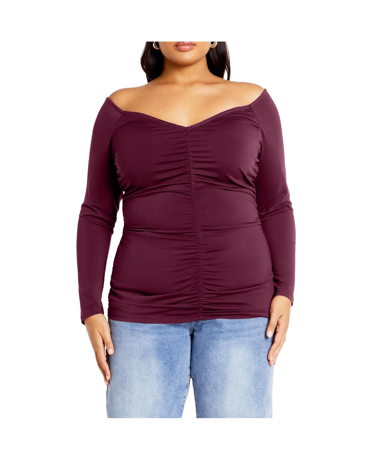 Click here for City Chic Plus Size Ruched Sally Top - Plum prices