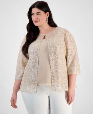 Alex Evenings Plus Size Embellished 3/4-Sleeve Jacket & Sleeveless Top ...