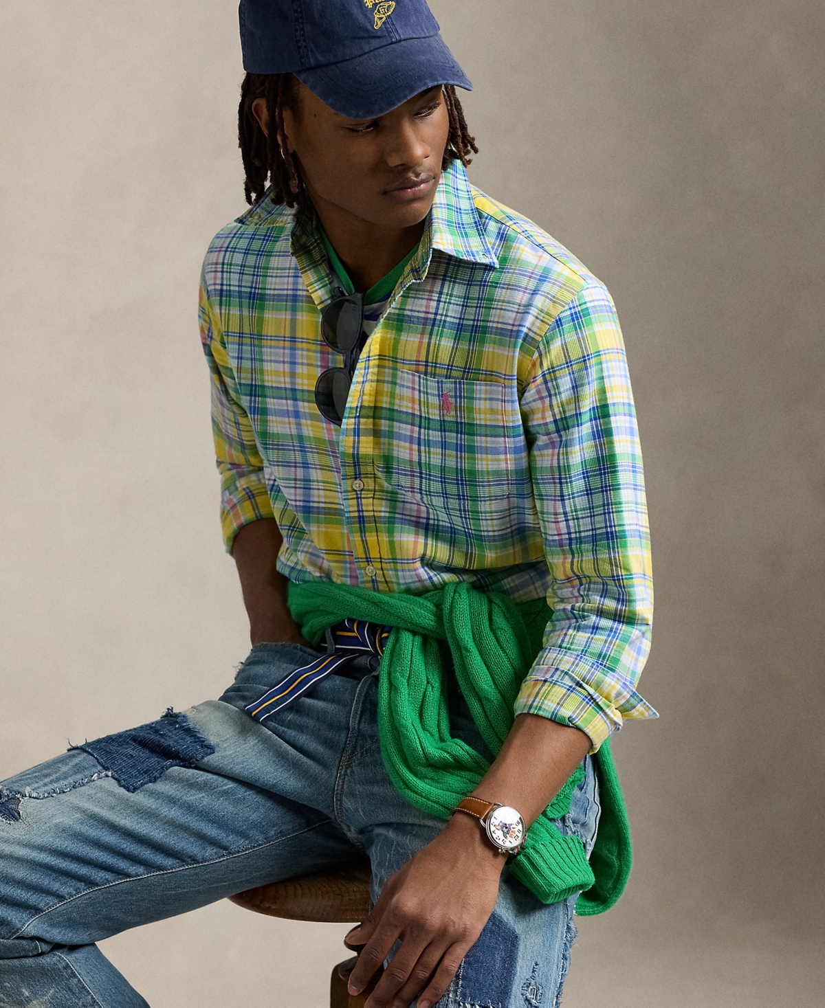 Polo Ralph Lauren Mens Classic-Fit Oxford Shirt - Yellow/Green Multi Plaid