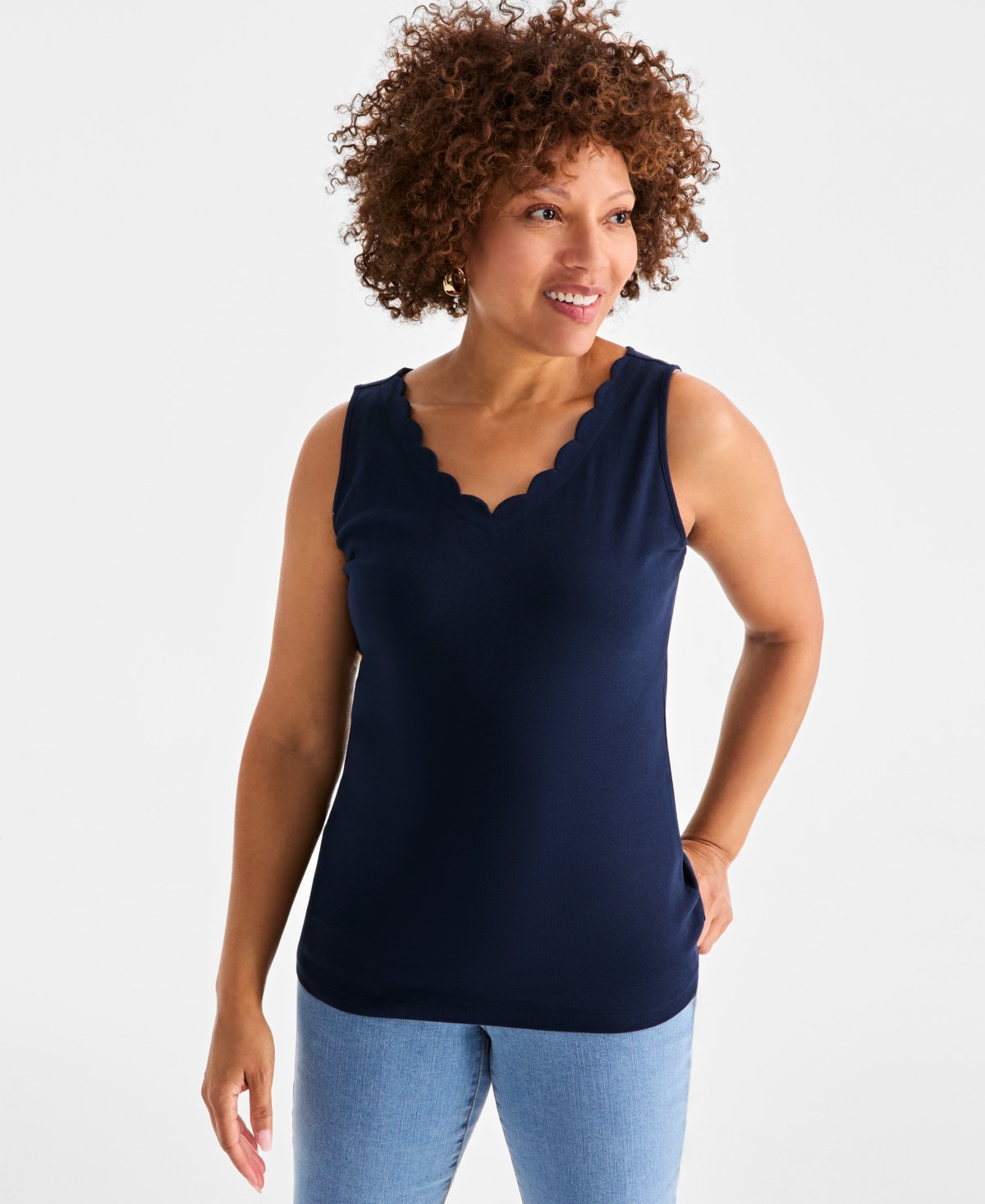 Click here for Style & Co Womens Cotton Scalloped V-Neck Sleevele... prices