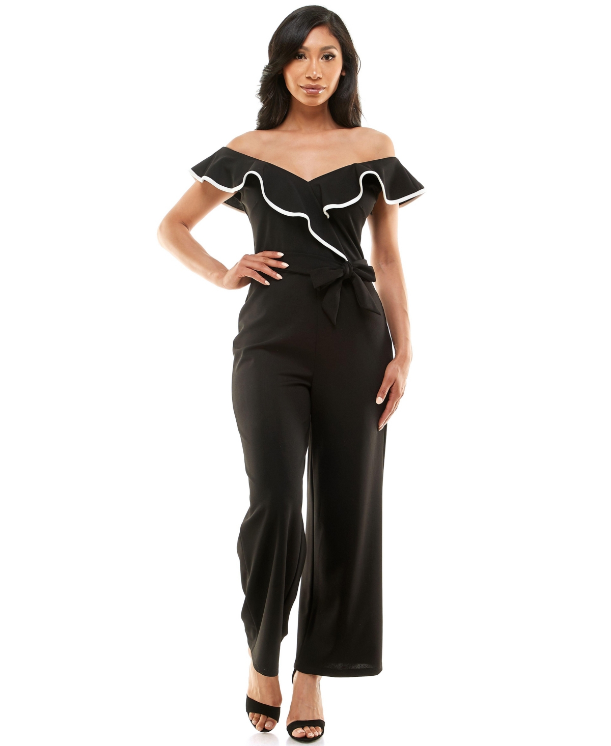 Click here for Bebe Womens Scuba Crepe Ruffle V-Neck Jumpsuit - B... prices