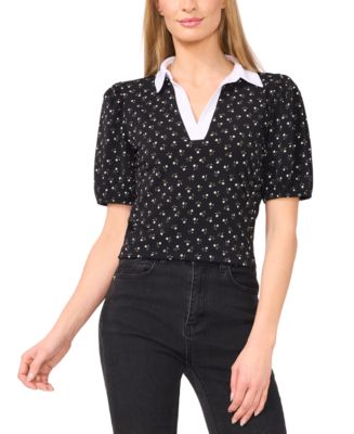 CeCe Women's Printed Contrast-Collar Puff-Sleeve Top - Macy's