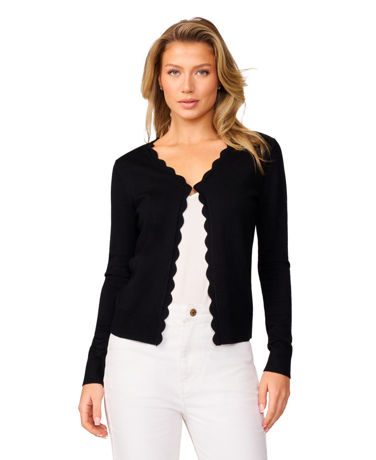Click here for Melissa Paige Petite Scallop Edge Cardigan - Jet B... prices
