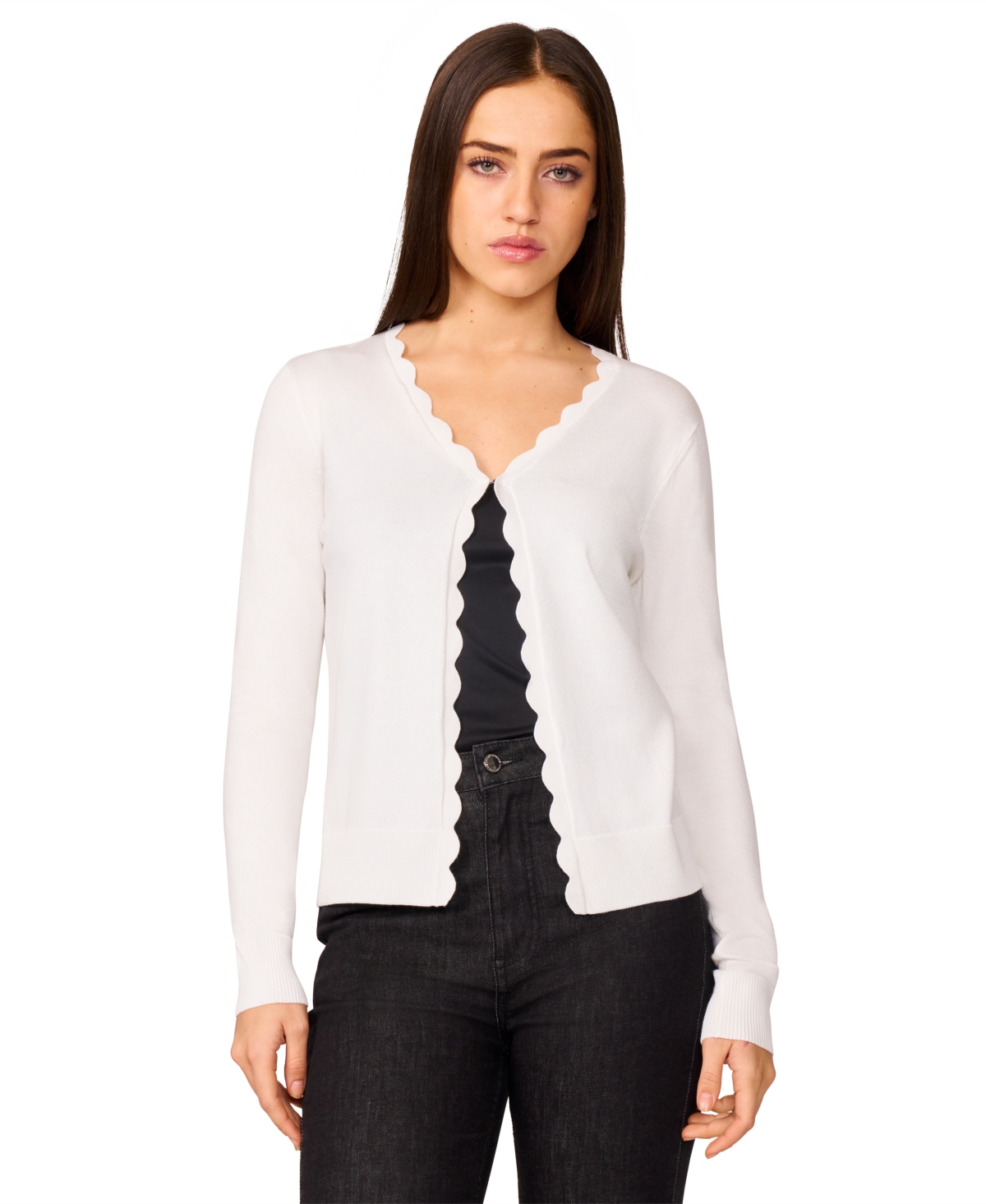 Click here for Melissa Paige Petite Scallop Edge Cardigan - Snow... prices