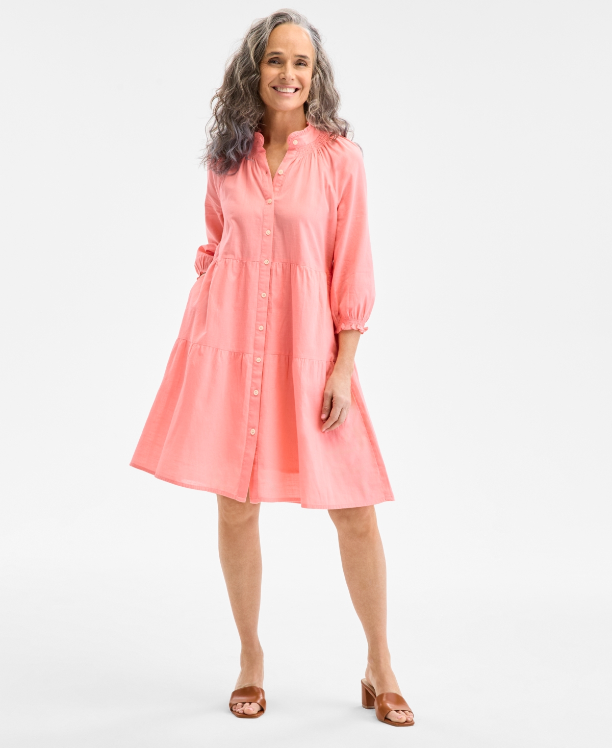 Click here for Style & Co Womens Cotton Smocked-Collar Tiered Dre... prices