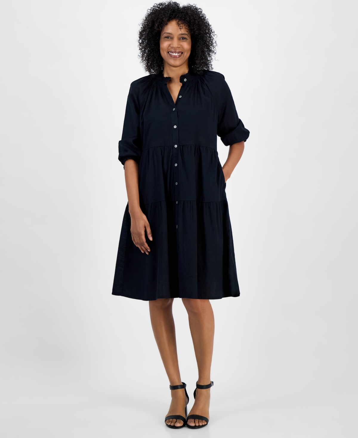 Click here for Style & Co Petite Smocked 3/4-Sleeve Tiered Shirtd... prices