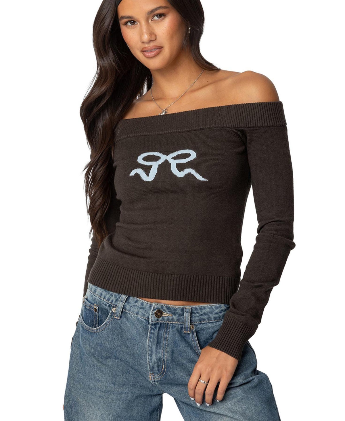 Click here for Edikted Womens Tj Off Shoulder Knit Bow Top - Dark... prices