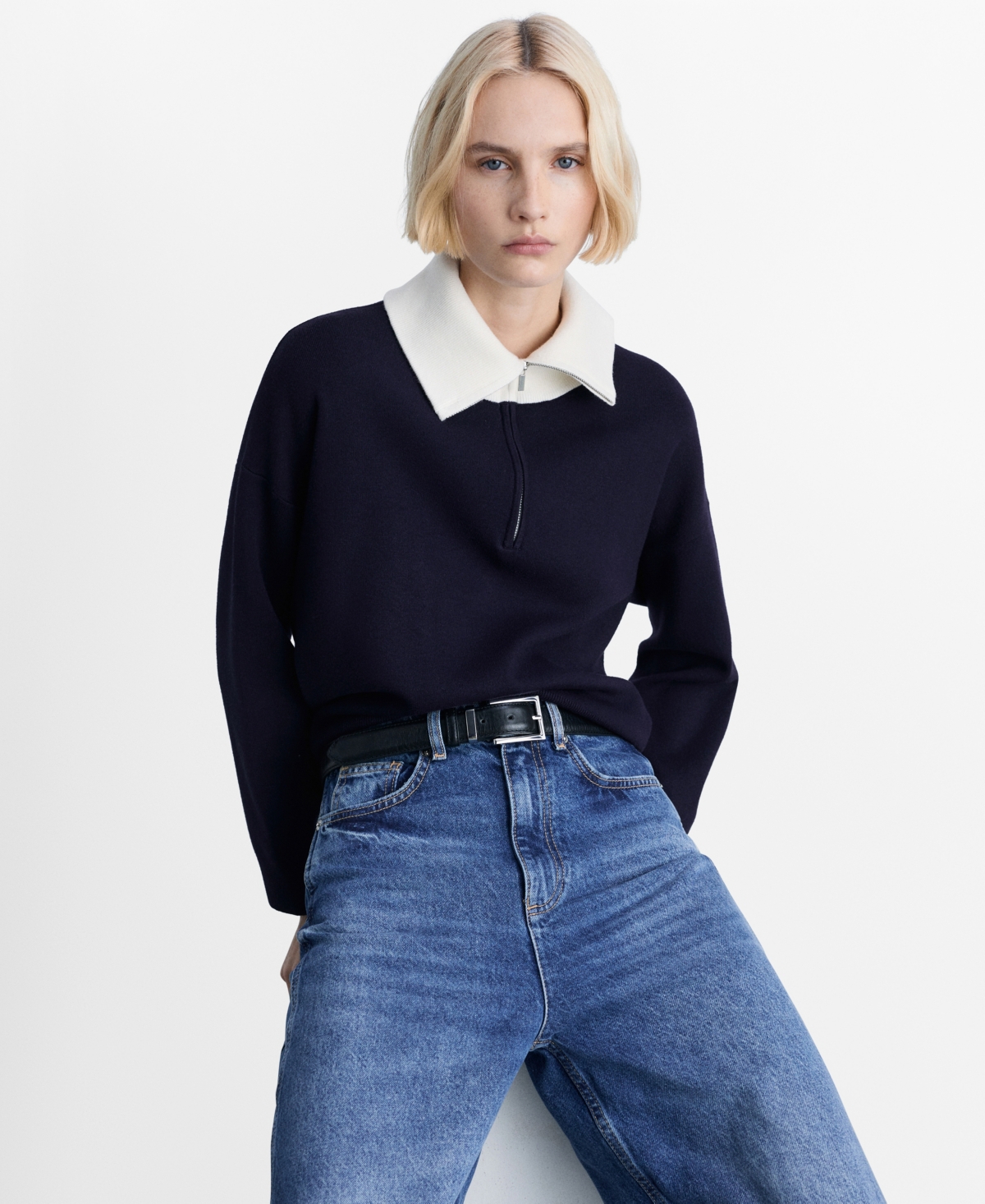 Click here for Mango Womens Contrast Collar Knit Sweater - Dark N... prices