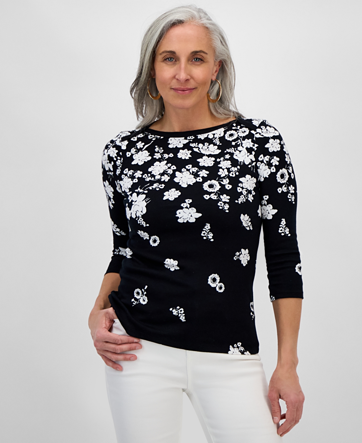 Click here for Style & Co Petite Raining Flower Pima Cotton Top... prices