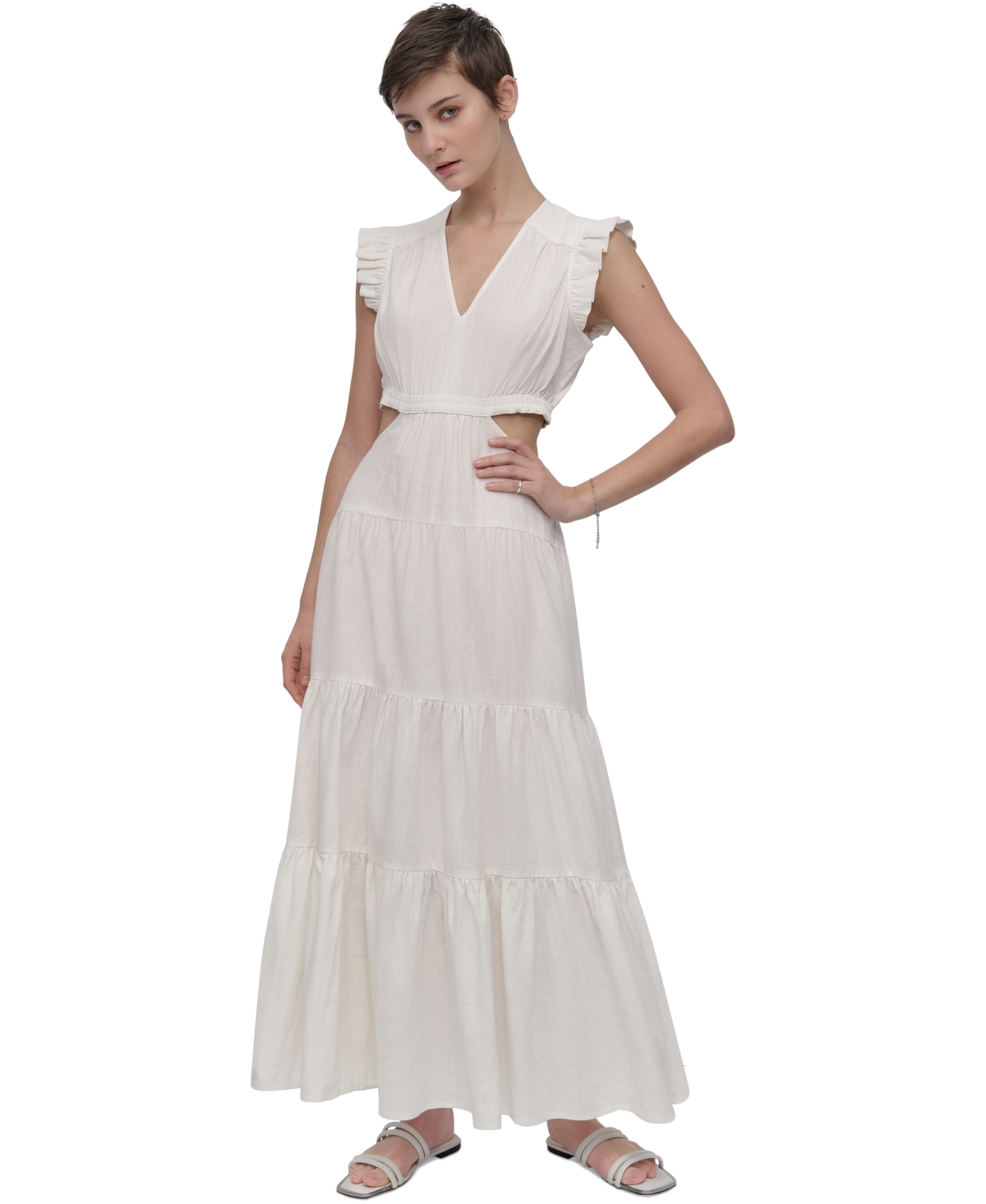 Click here for Dkny Jeans Womens Linen-Blend Tiered V-Neck Cutout... prices