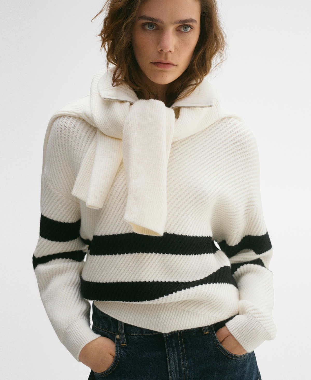 Click here for Mango Womens Striped Ribbed-Knit Sweater - Ecru prices