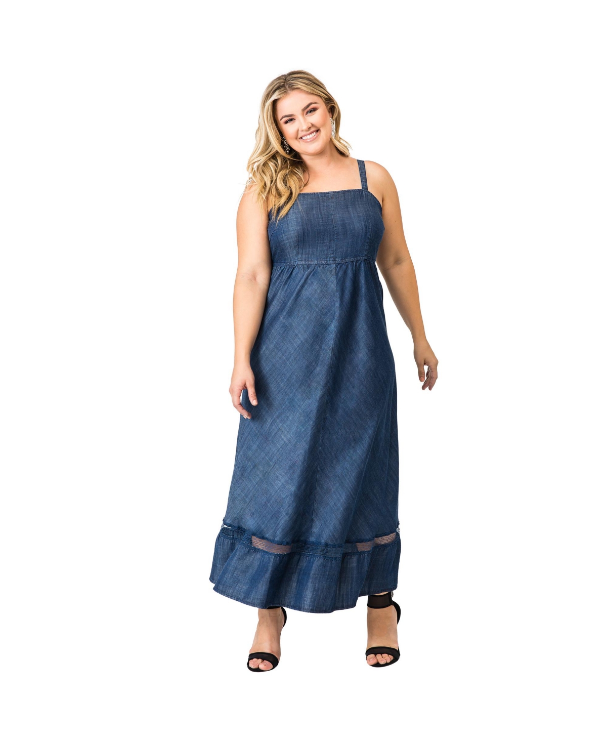 Plus Size Womens Straps Denim Tencel Maxi Dress - Medium blue
