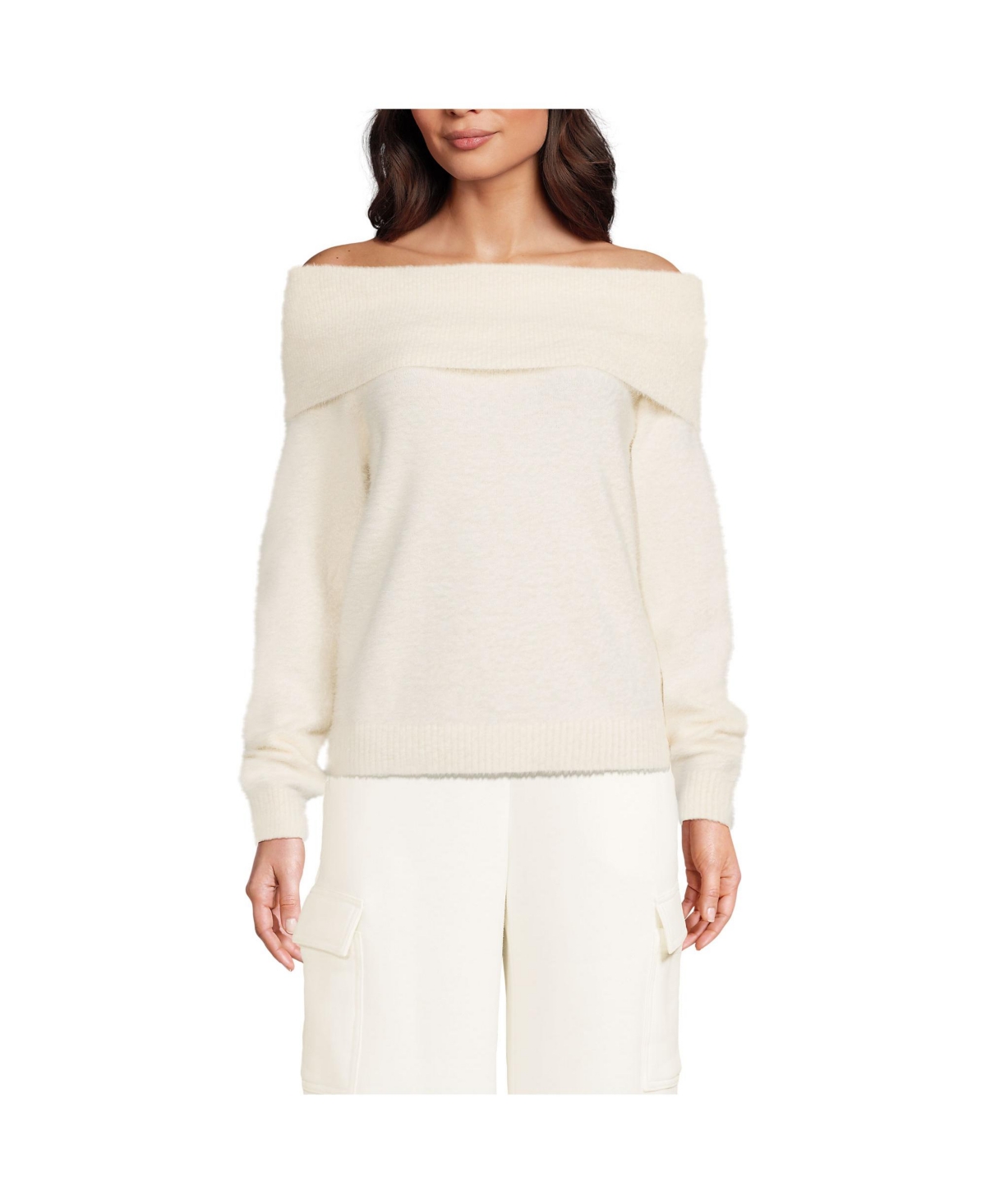 Click here for Lands End Womens Eyelash Off Shoulder Sweater - Fr... prices