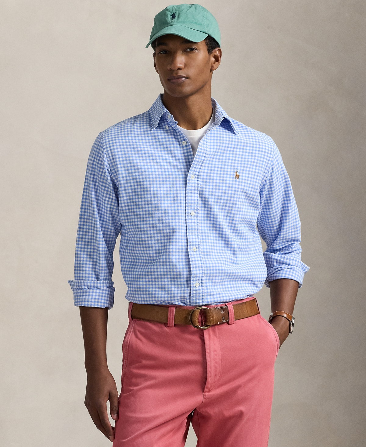 Polo Ralph Lauren Mens Classic-Fit Oxford Shirt - Light Blue/White Gingham