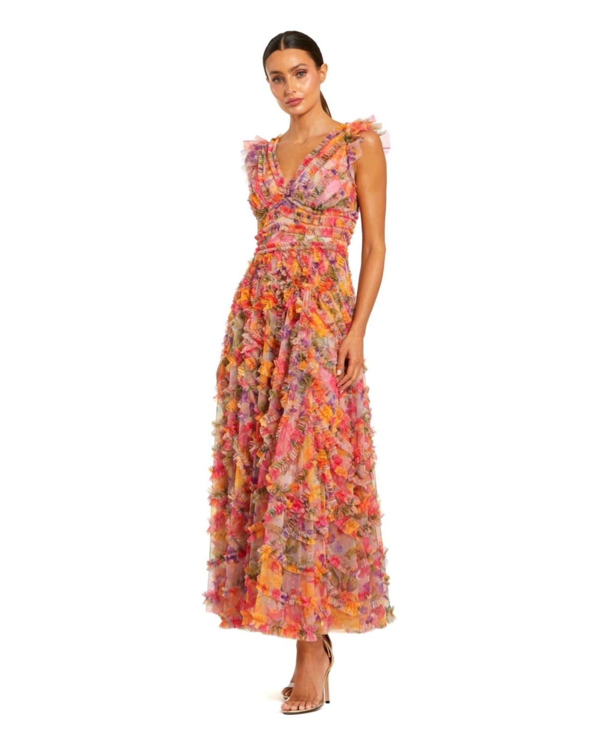 Click here for Mac Duggal Womens Floral Mesh Ruffle V Neck Ankle... prices