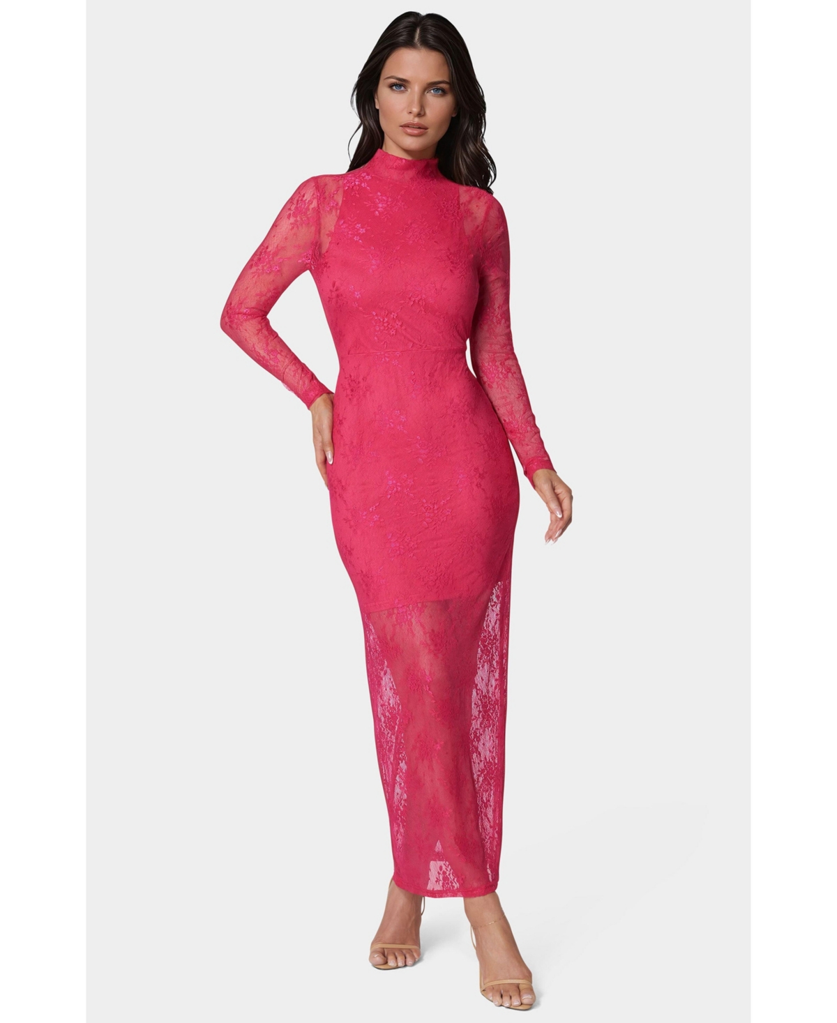 Click here for Bebe Womens Illusion Lace Maxi Dress - Raspberry prices