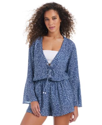 Bar III Women's On The Prowl Long Sleeve Lace-Up Romper Swim Cover-Up ...