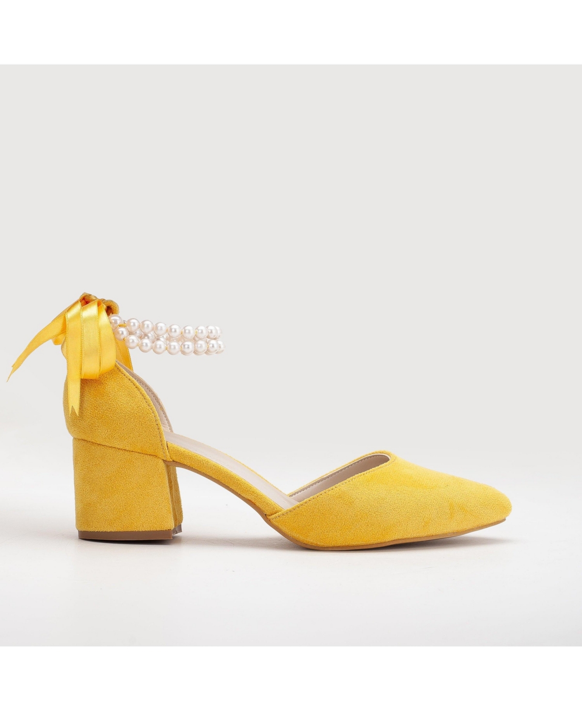 Click here for Miranda Low Block Heels with Pearls - Mustard faux... prices