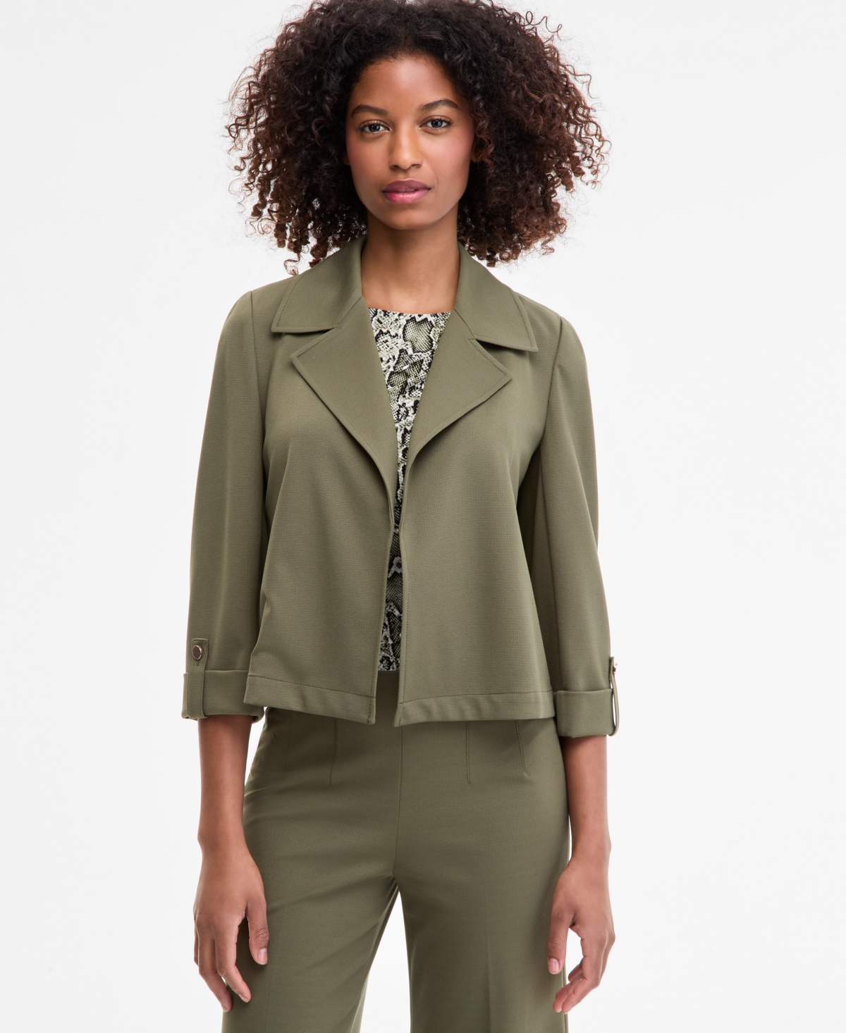 Anne Klein Womens Notched Collar Drapey Cropped Jacket - Olive Palm