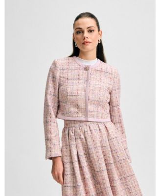 Isaac Mizrahi Women's Cropped Shimmer Tweed Jacket with Broach Button ...