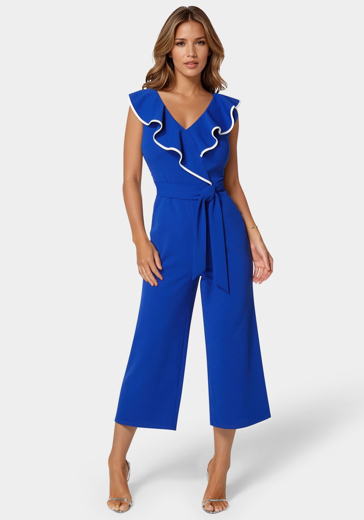 Click here for Bebe Womens Scuba Crepe Ruffle V-Neck Jumpsuit - R... prices