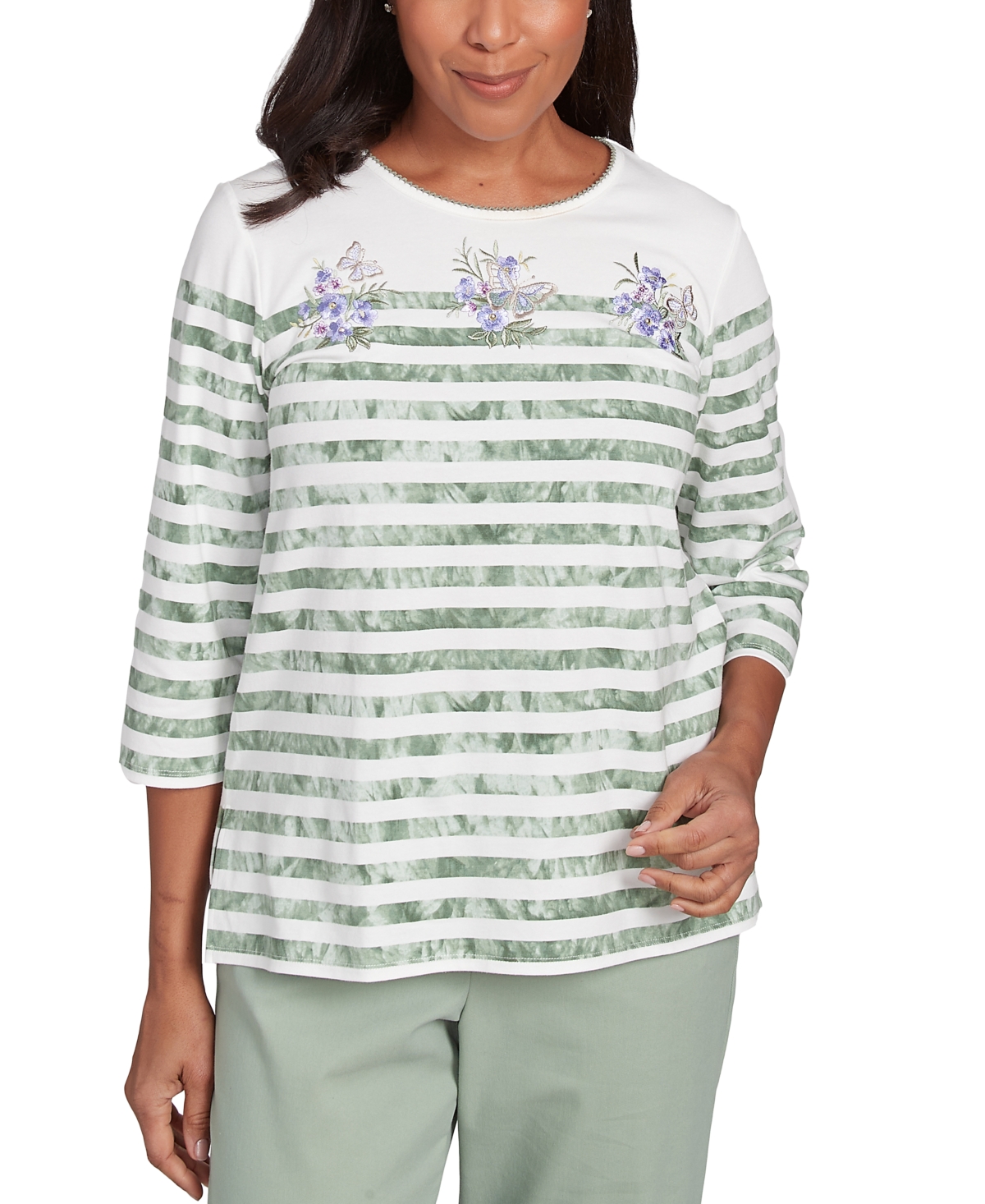 Click here for Alfred Dunner Petite Striped Embroidered Top - Alo... prices