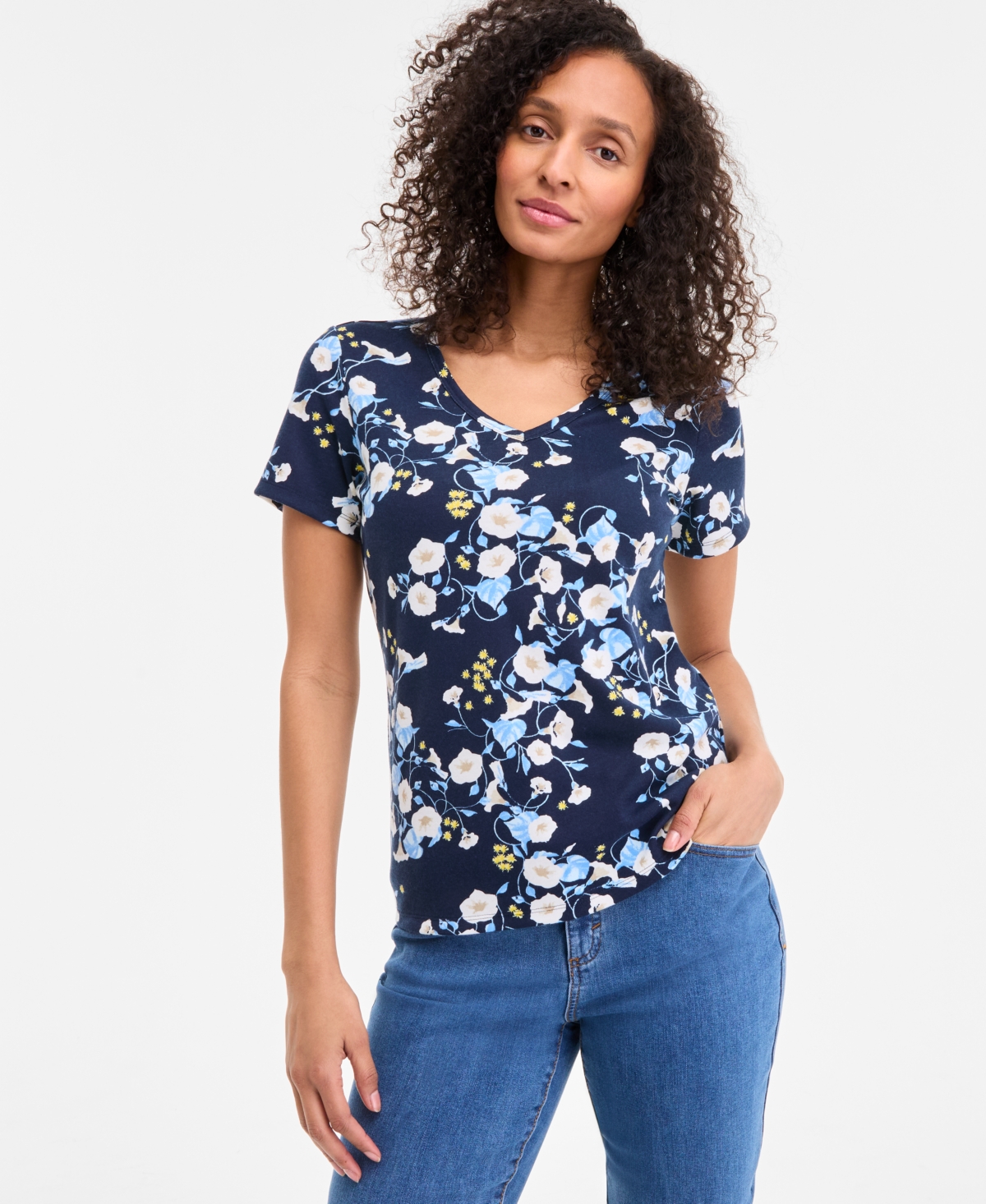 Click here for Style & Co Womens Printed Short-Sleeve V-Neck Top... prices