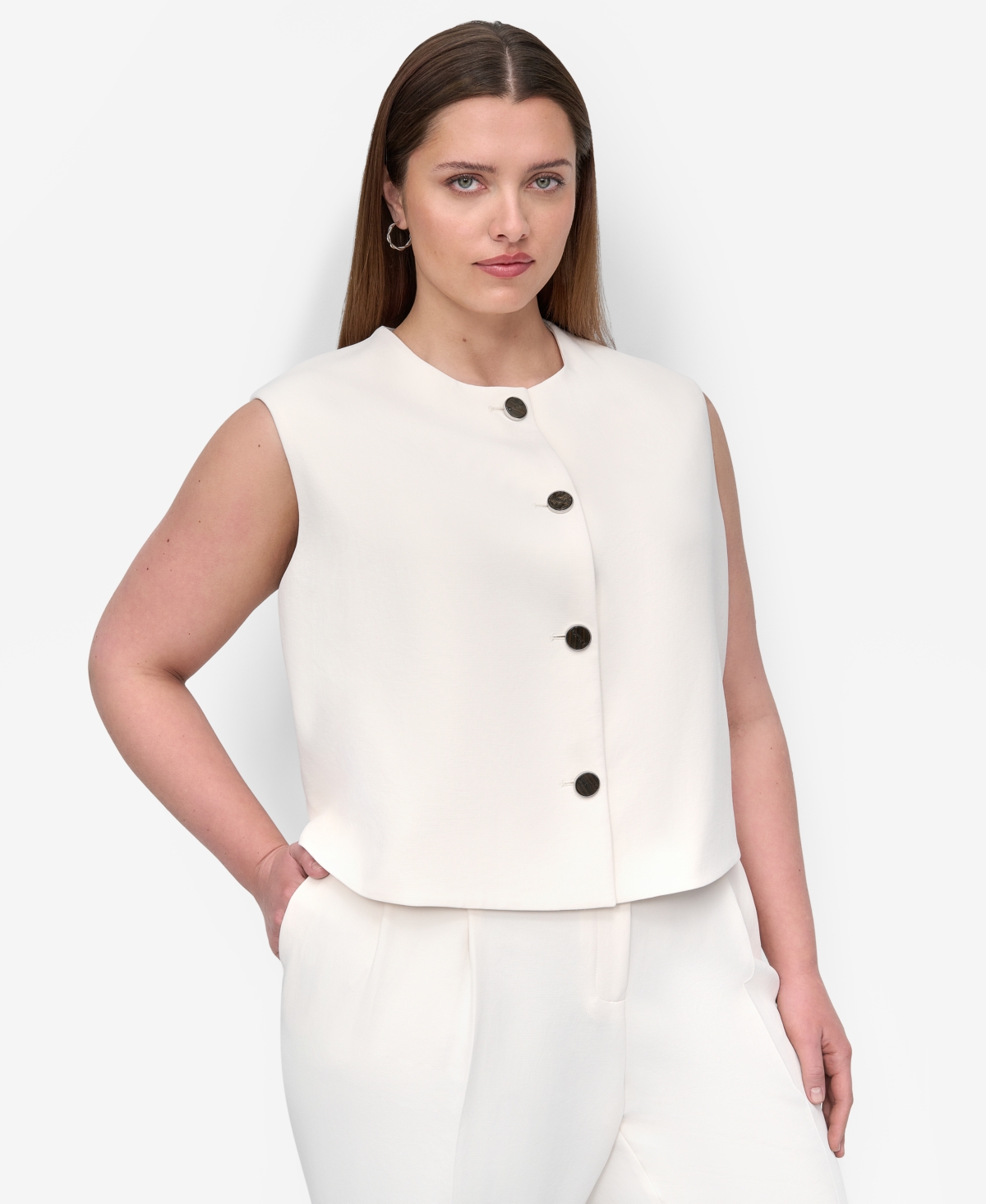 Click here for Dkny Plus Size Aero Crepe Button-Front Vest - Coco... prices