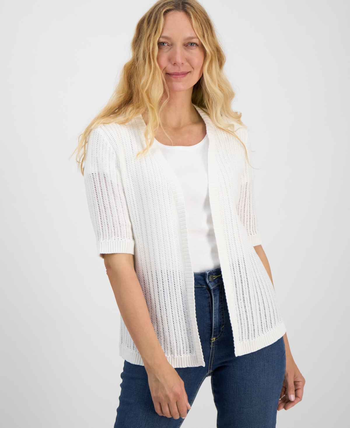 Click here for Style & Co Womens Cotton Open-Front Elbow-Sleeve C... prices