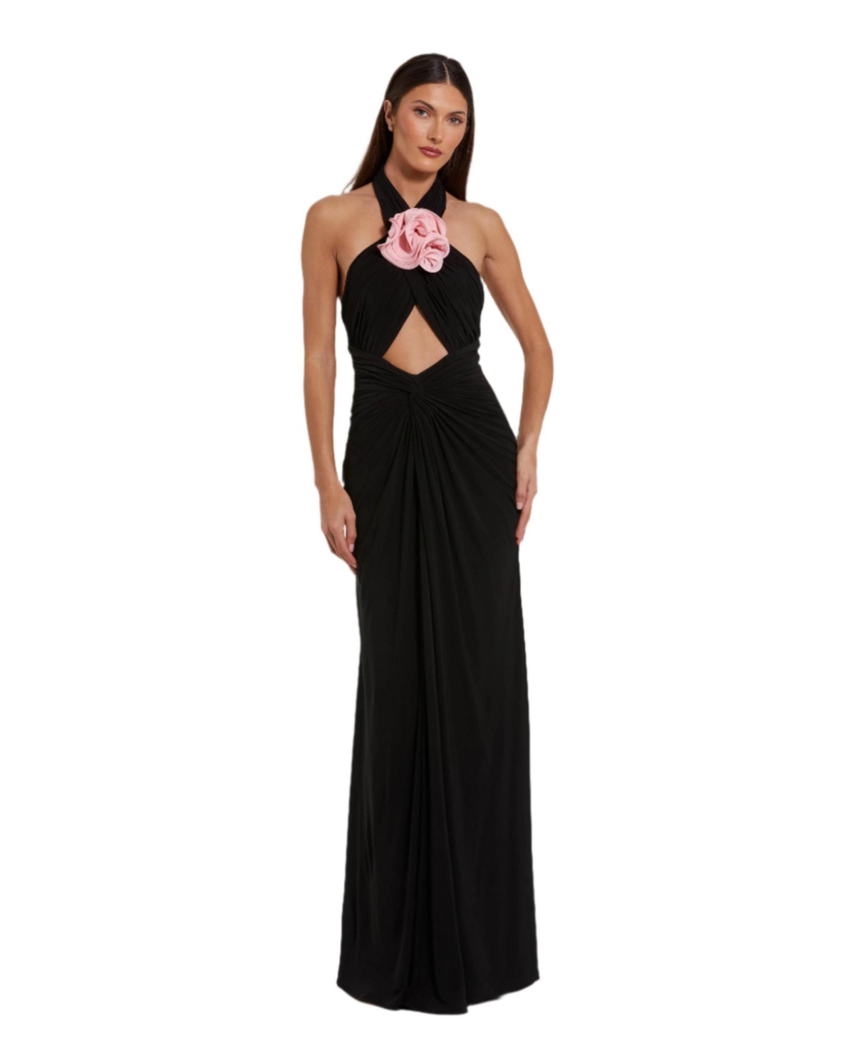 Mac Duggal Womens Jersey Crossover Halter Neck Gown With 3D Flower - Black pink