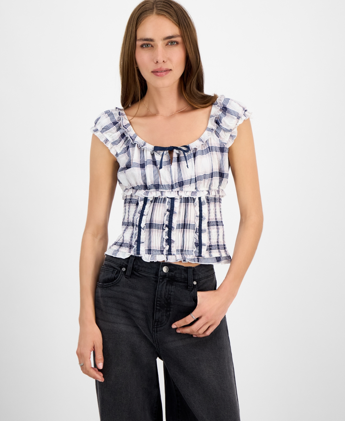 Self Esteem Juniors Plaid Cap-Sleeve Smocked Top - Ballet Slipper/Navy Blazer