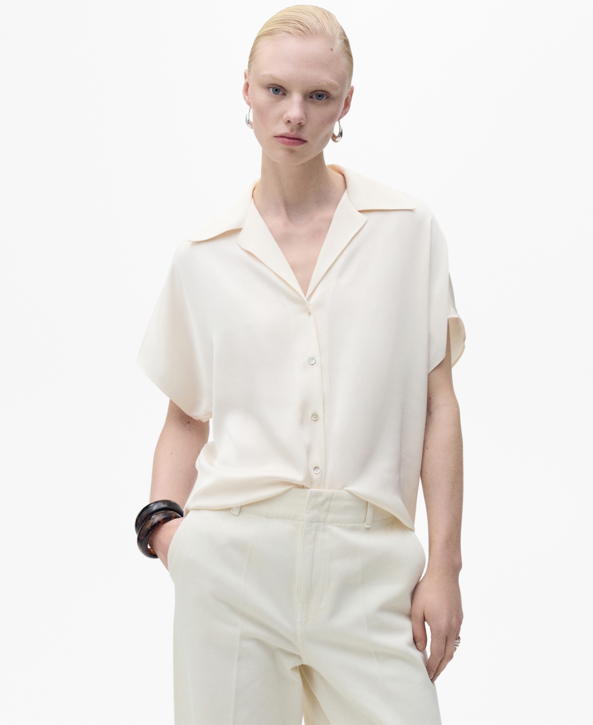 Click here for Mango Womens Short-Sleeved Satin Shirt - Off White prices