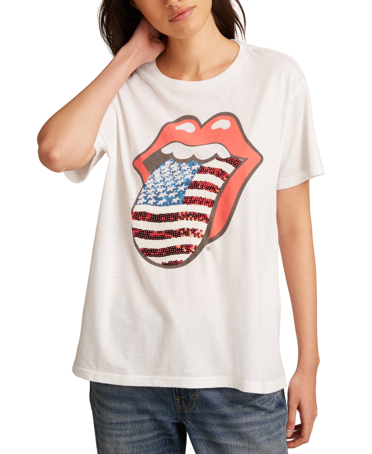 Lucky Brand Womens Rolling Stones American Flag Boyfriend Tee - Bright White