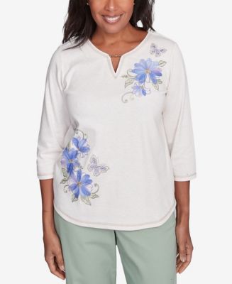 Alfred Dunner Petite Santa Fe Asymmetric Butterfly Floral Embroidered Top - Macy's