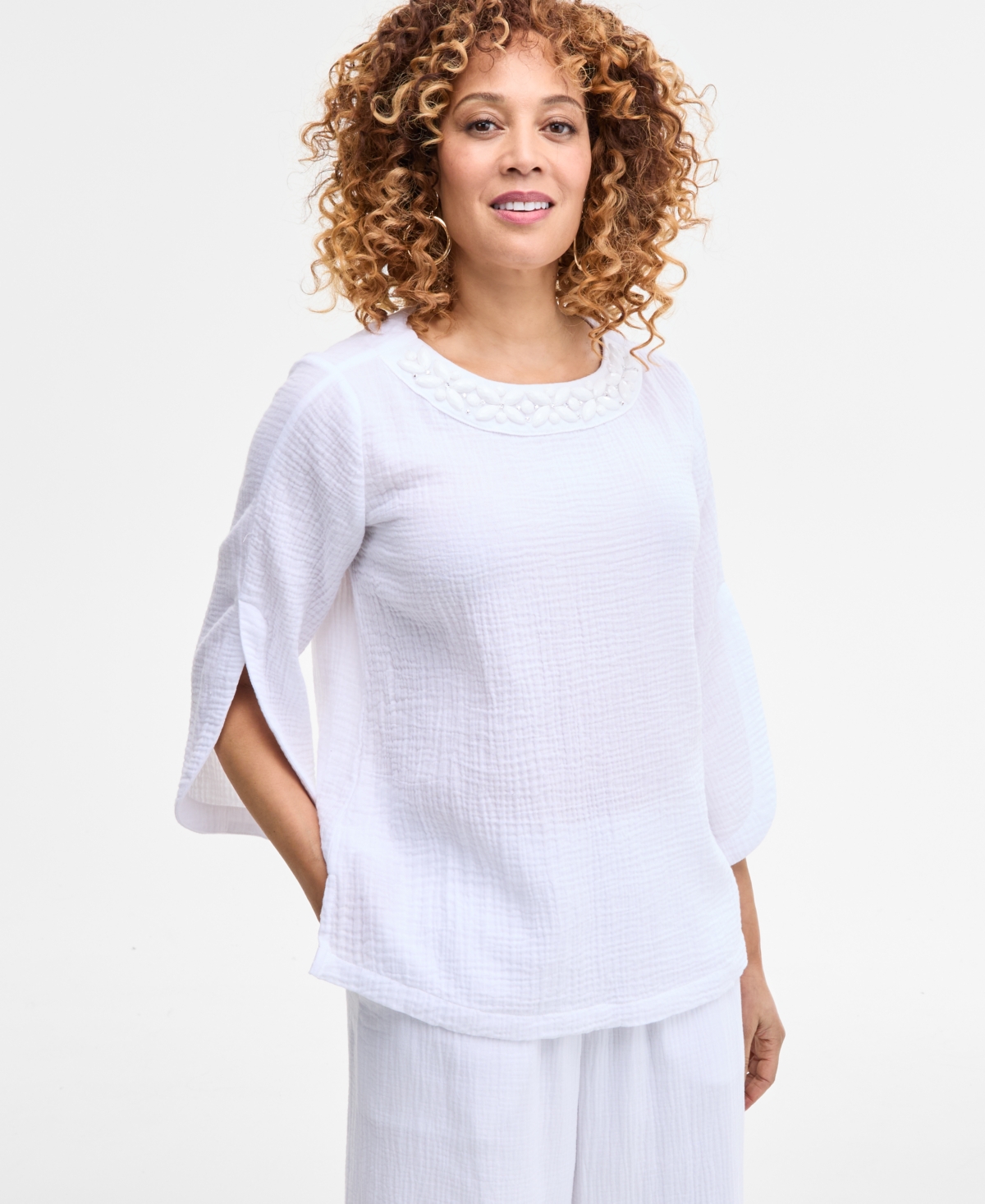 Click here for Jm Collection Womens Embellished Cotton Gauze Top... prices