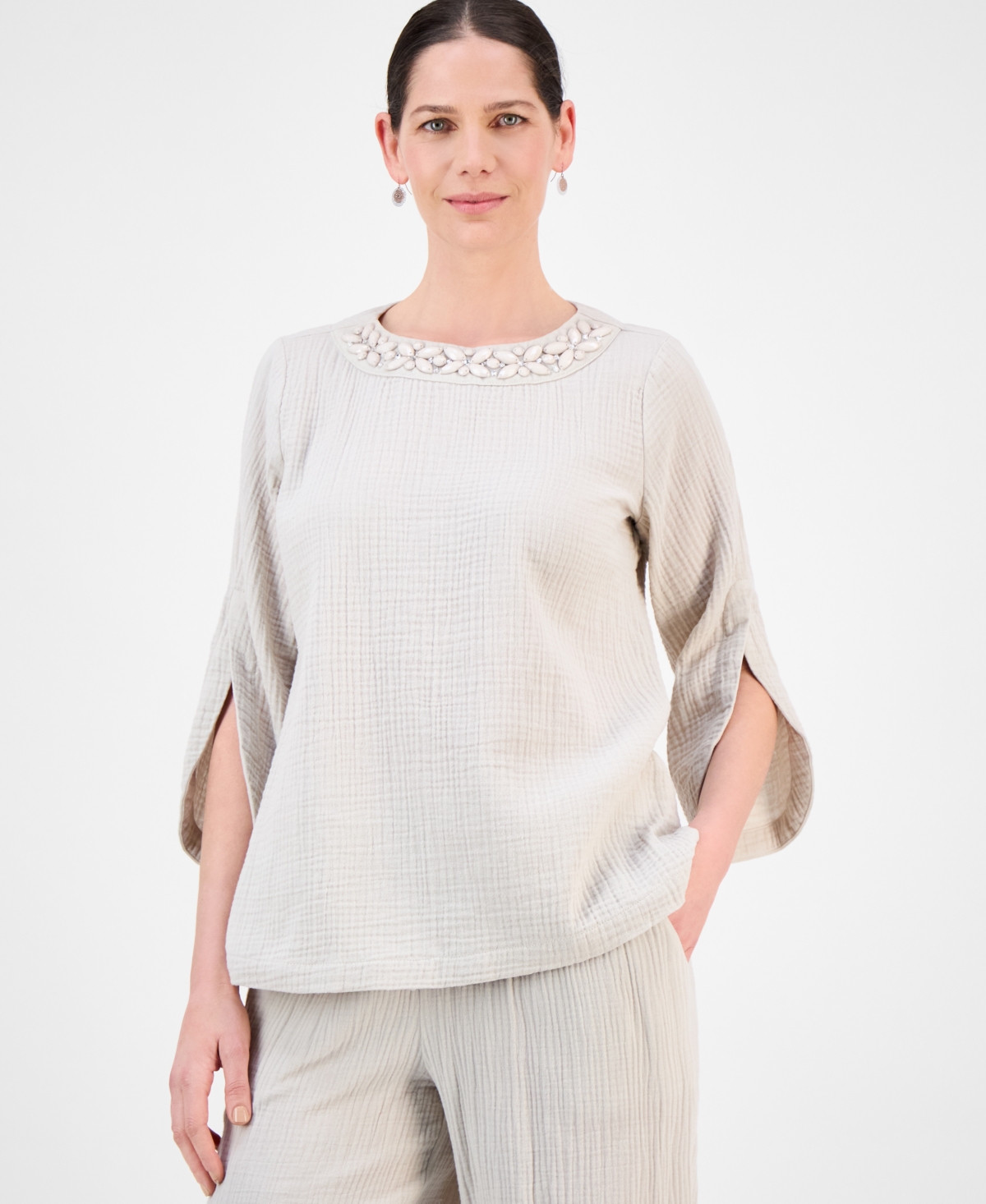 Click here for Jm Collection Womens Embellished Cotton Gauze Top... prices