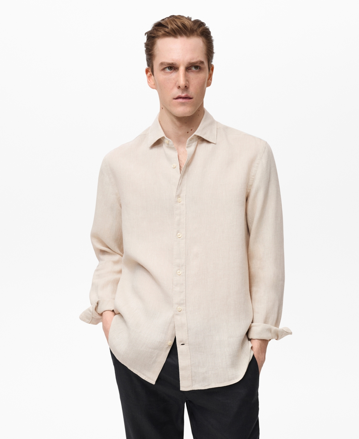 Click here for Mango Mens Regular-Fit Linen Shirt - Sand prices