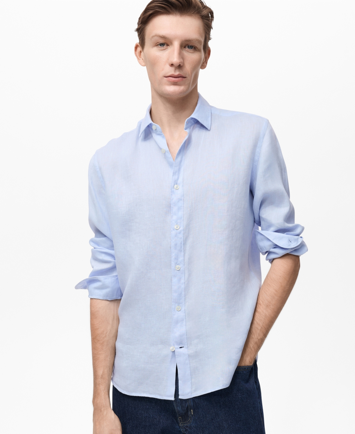 Click here for Mango Mens Regular-Fit Linen Shirt - Sky Blue prices