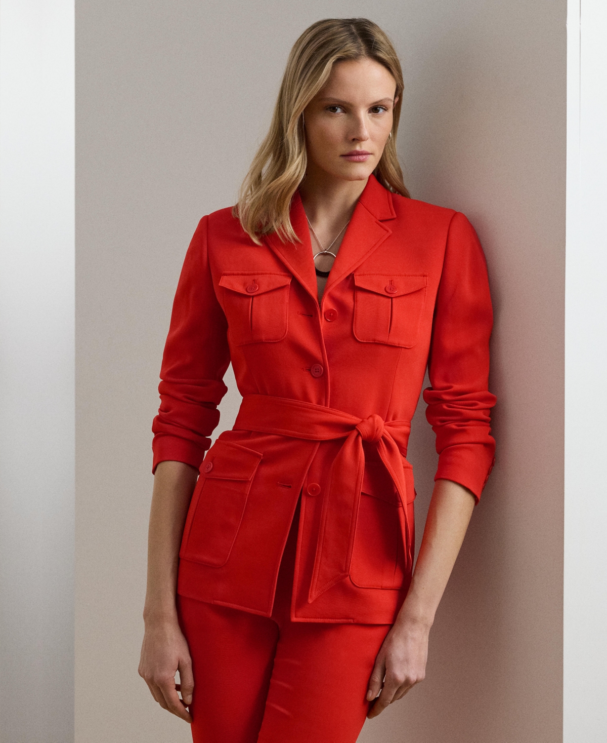 Lauren Ralph Lauren Womens Belted Stretch Cady Jacket - Bright Vermilion