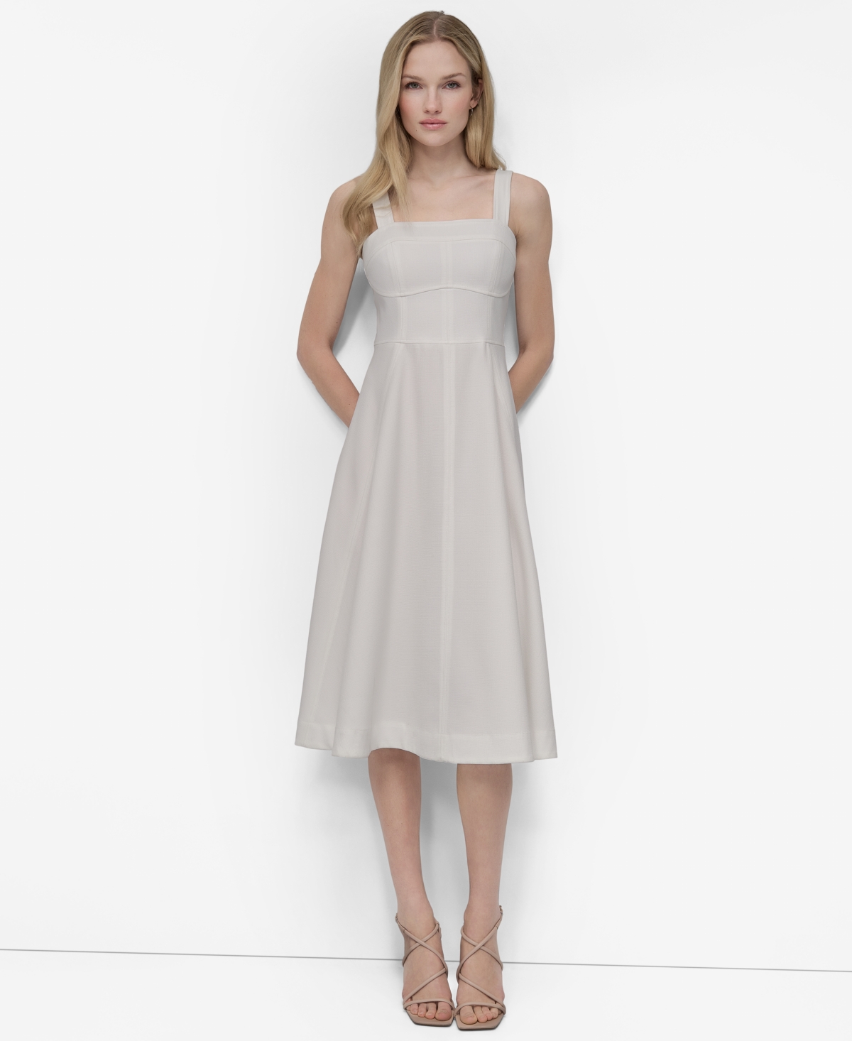 Click here for Dkny Womens Square-Neck Sleeveless Midi Dress - Iv... prices