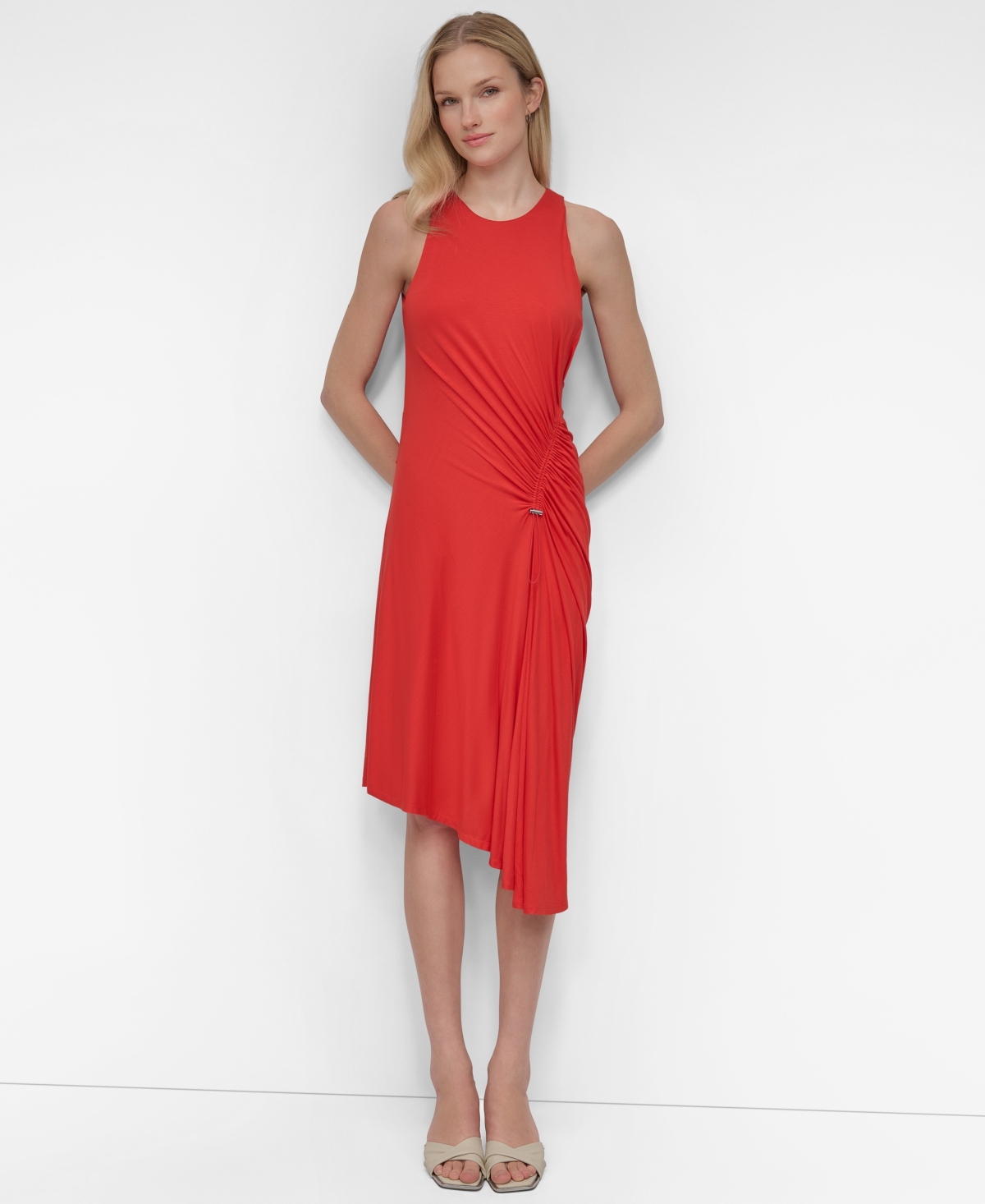 Click here for Dkny Womens Jewel Neck Ruched-Front Sleeveless Dre... prices