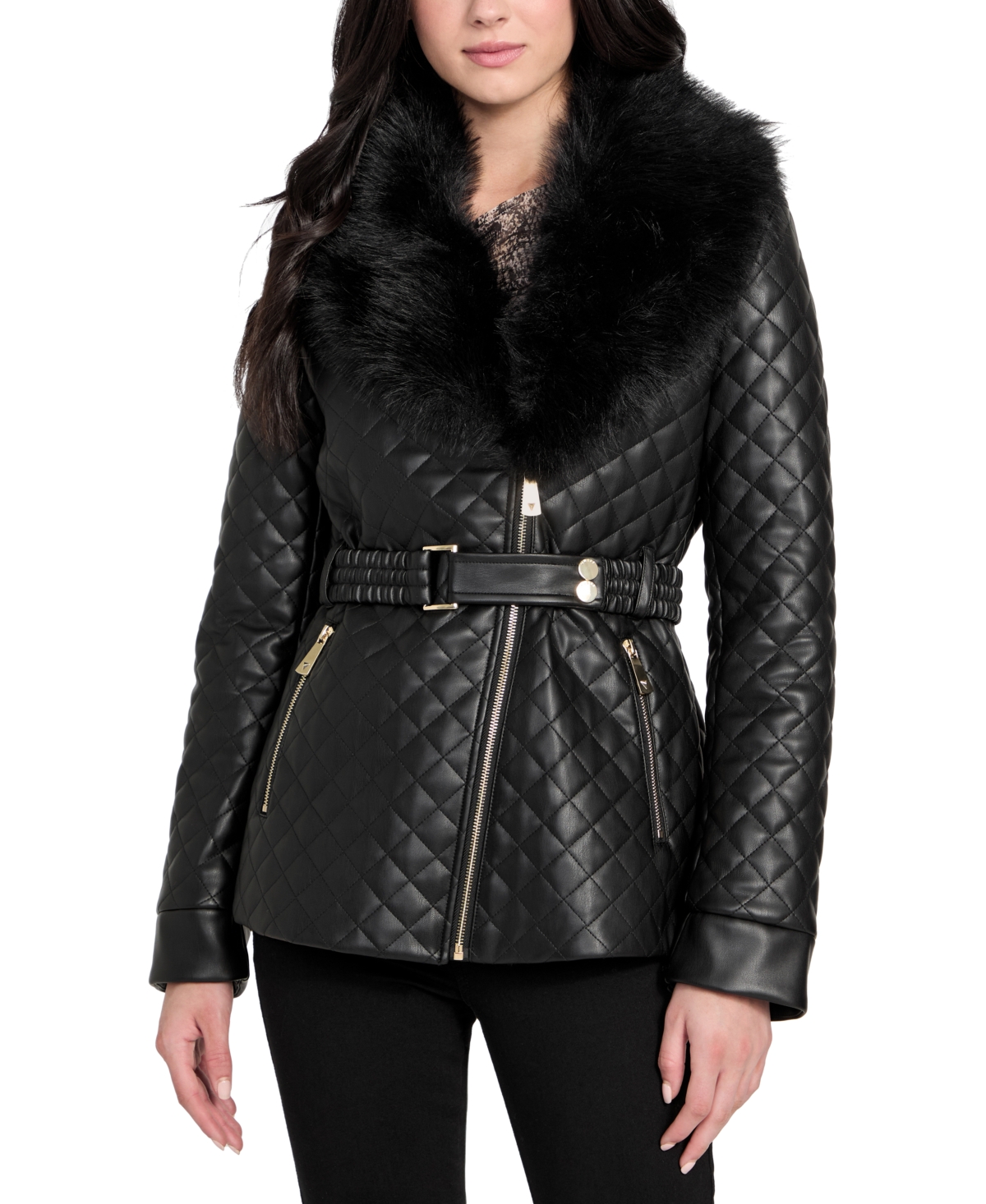 Click here for Guess Womens Quilted Faux-Fur-Collar Faux-Leather... prices