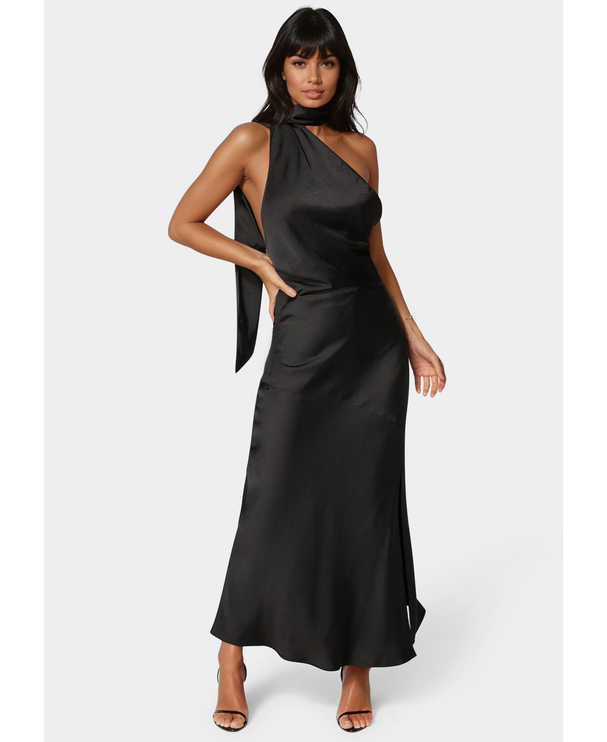 Click here for Bebe Womens Sash Neck One Shoulder Satin Midi Dres... prices
