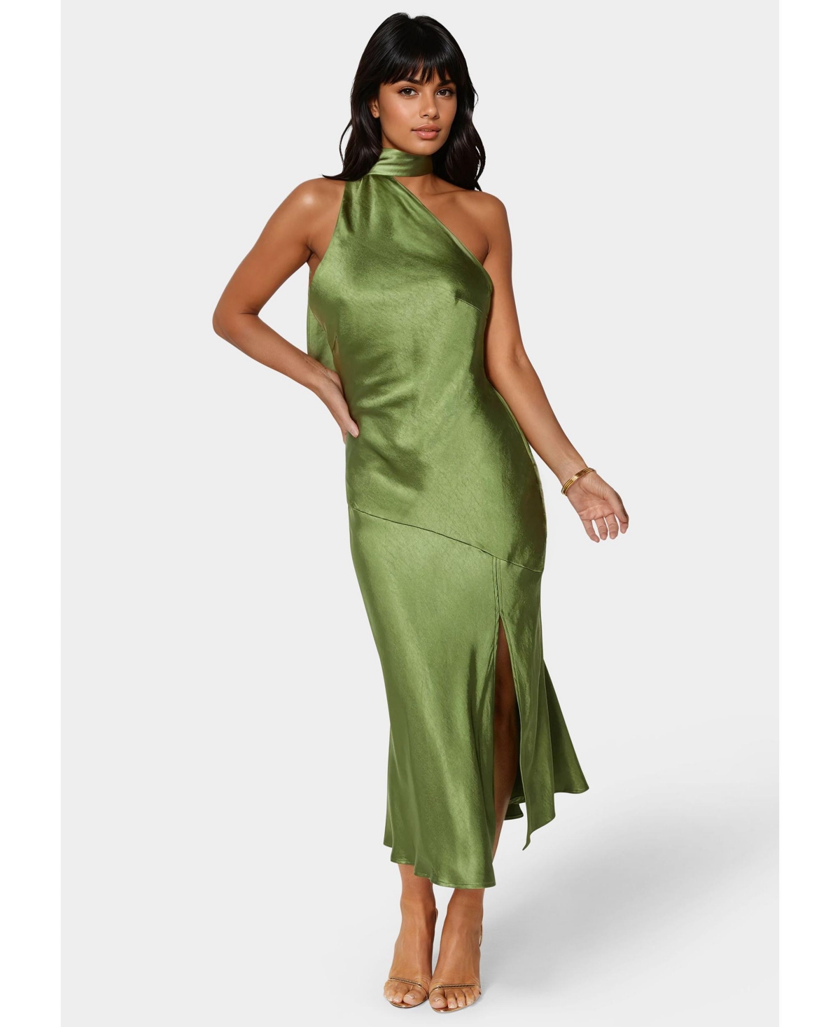 Click here for Bebe Womens Sash Neck One Shoulder Satin Midi Dres... prices