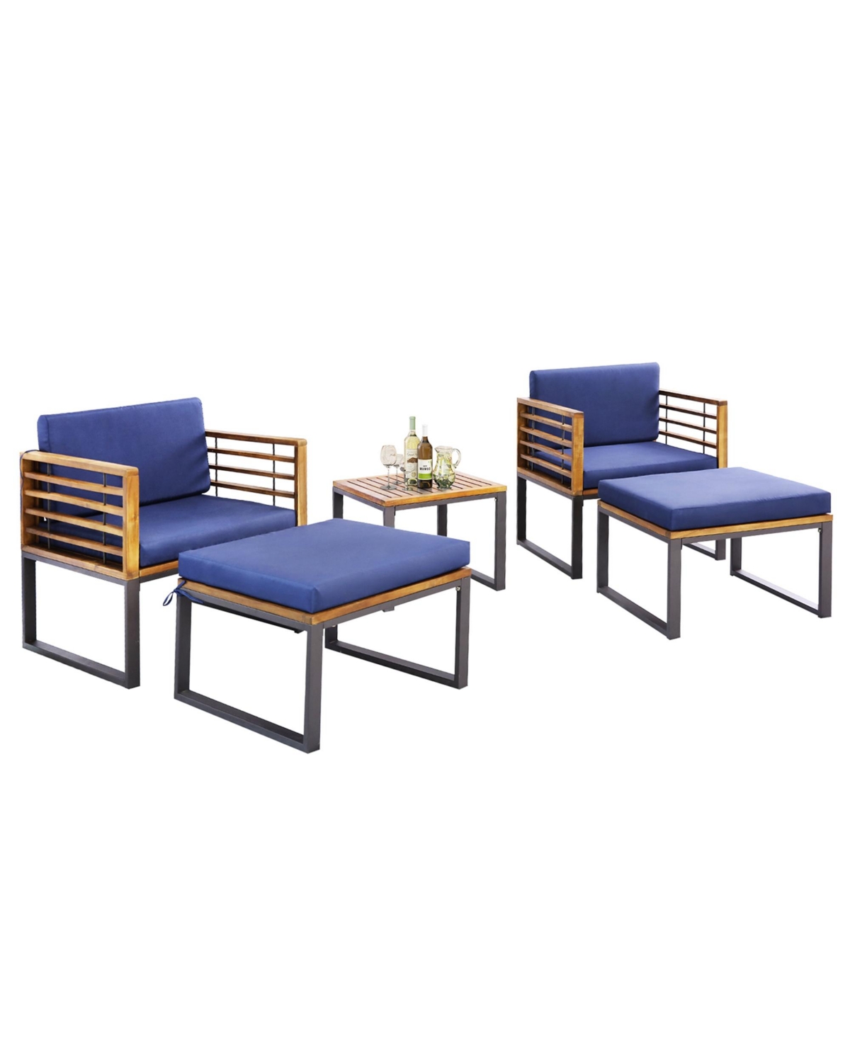 Click here for 5pcs Patio Acacia Wood Cushioned Chair Ottoman Tab... prices
