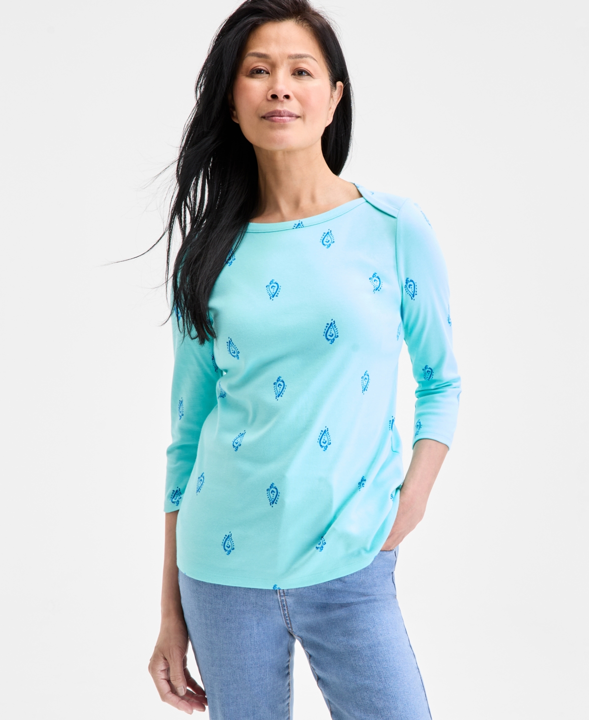 Click here for Style & Co Womens Printed Cotton 3/4-Sleeve Top  E... prices