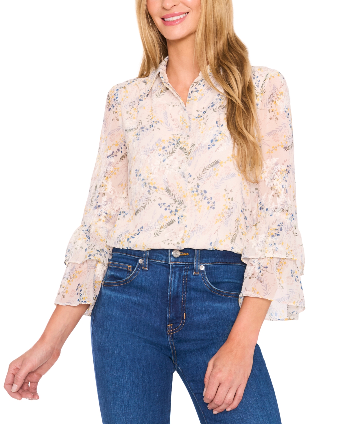 Click here for CeCe Womens Printed Long-Sleeve Ruffle-Cuff Blouse... prices