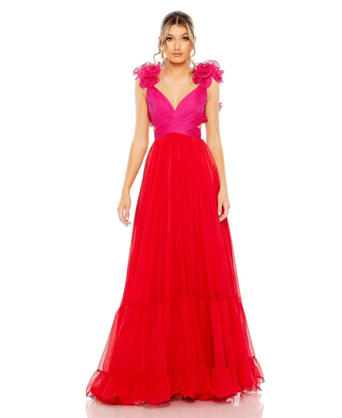 Click here for Mac Duggal Womens Ruffle Tiered Cut Out Lace Up Ch... prices