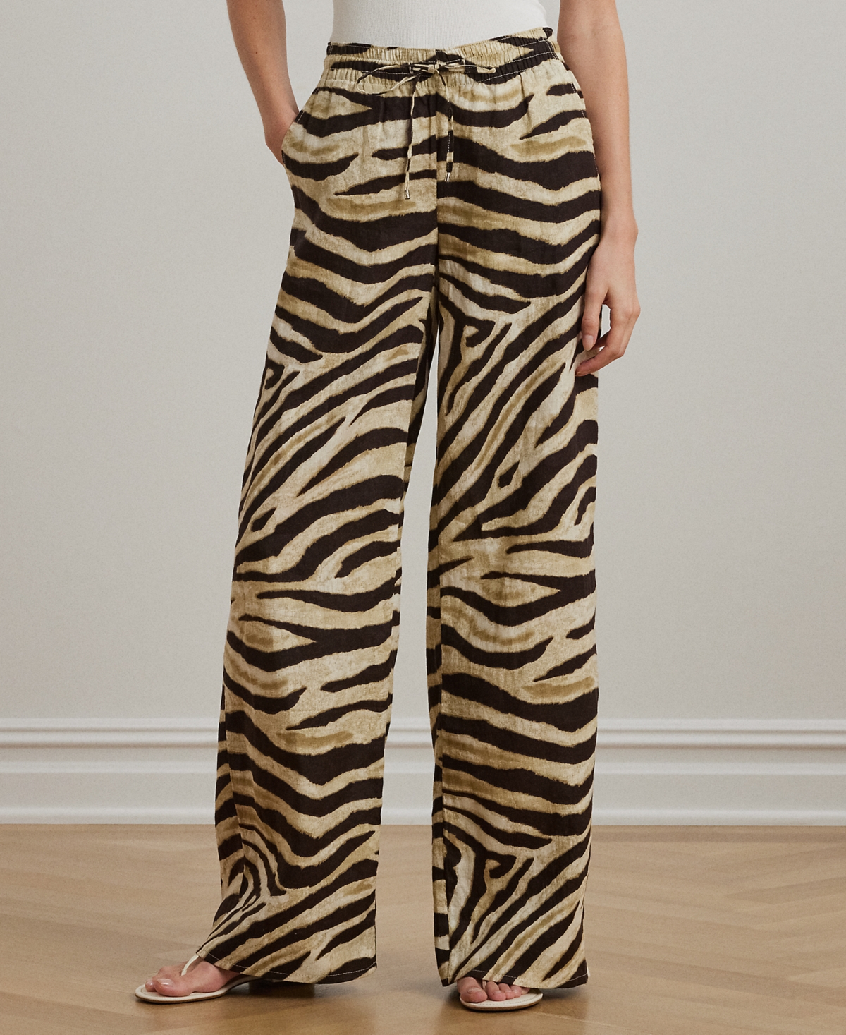Lauren Ralph Lauren Petite Zebra-Print Linen Wide-Leg Pants - Cream/Brown